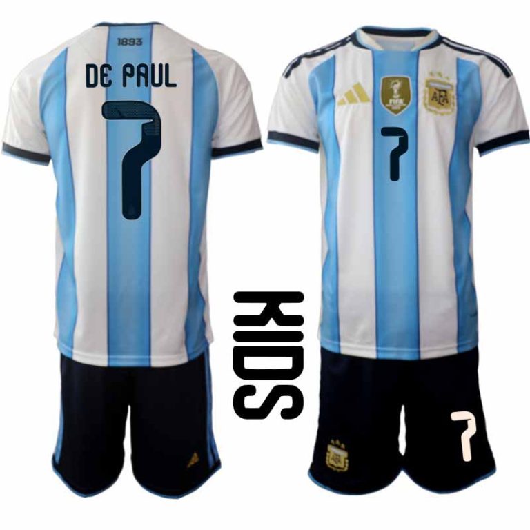 Otroški Nogometni dresi kompleti Rodrigo De Paul #7 Argentina Domači SP ...